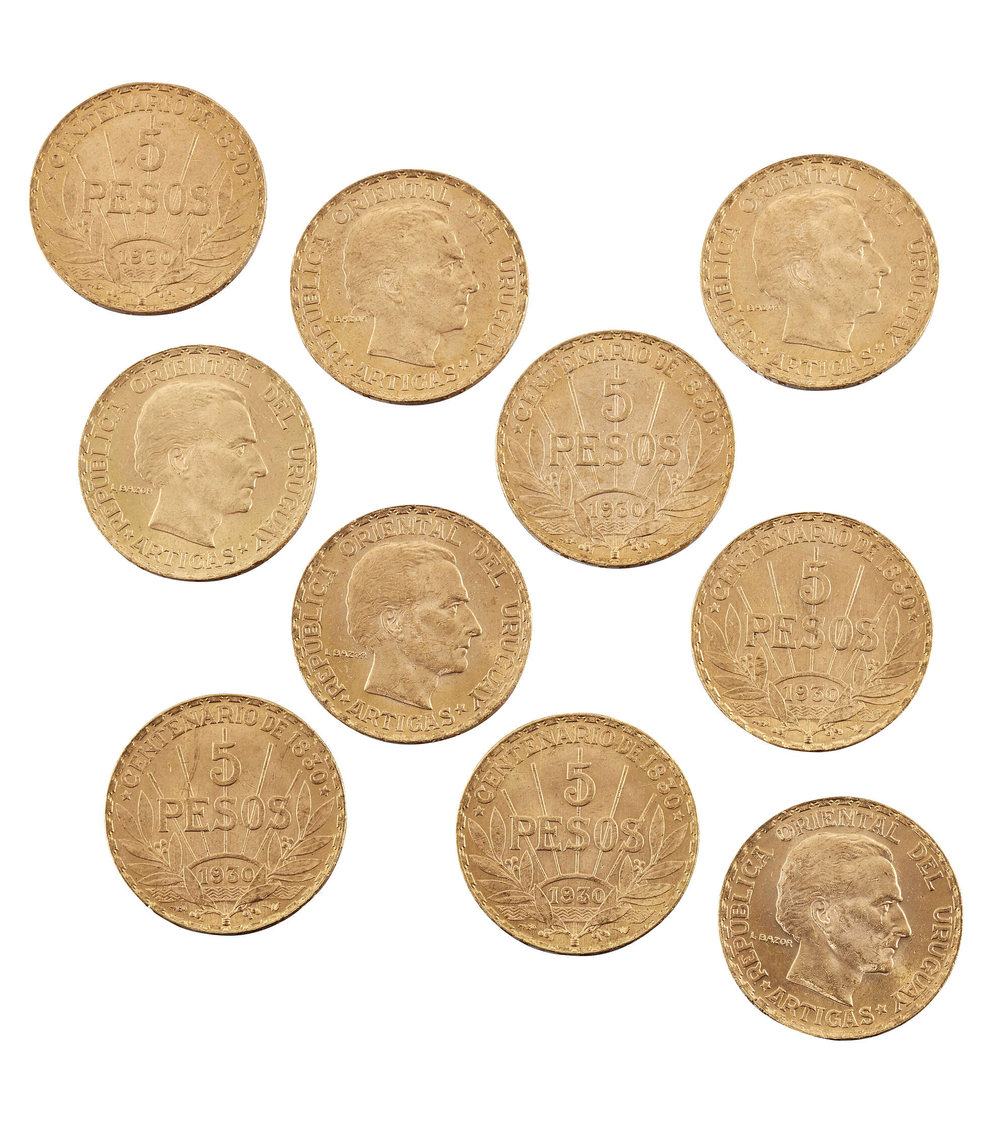 Roseberys London | Ten Uruguay gold 5 peso coins, 1930
